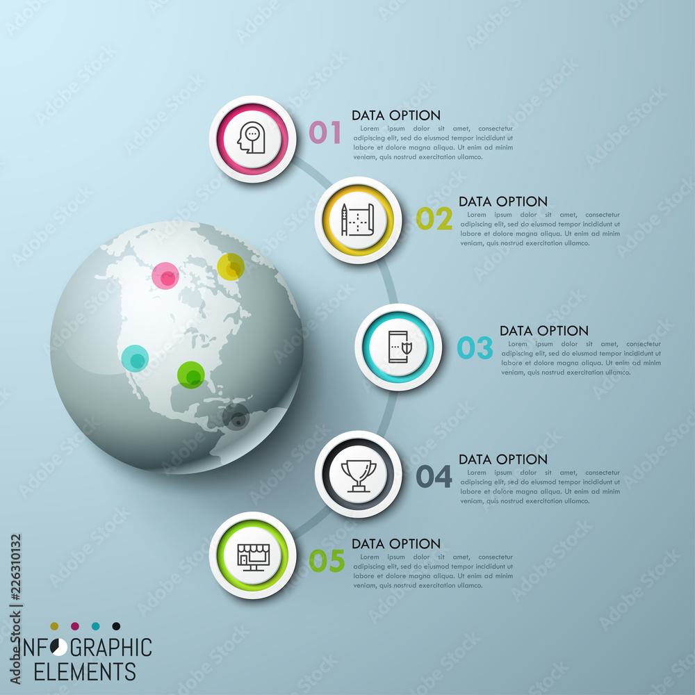 5 multicolored circular elements, icons inside and numbered text boxes ...