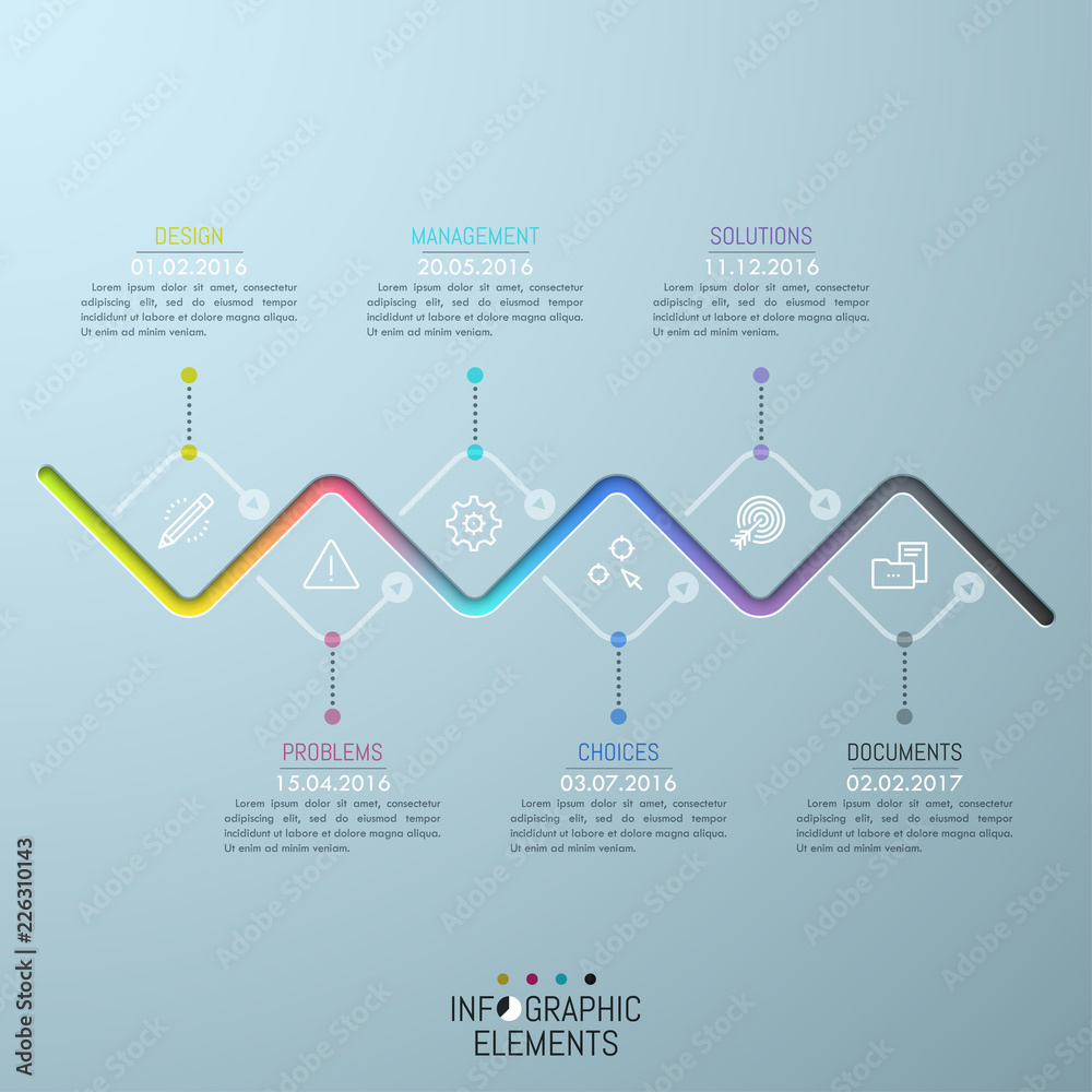Zigzag horizontal timeline and 6 thin line icons connected by dotted ...