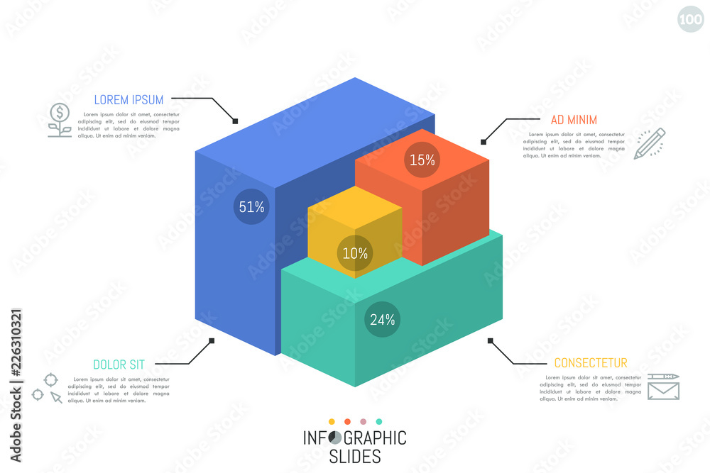 3d chart. 4 colorful volumetric blocks of different size and percentage ...