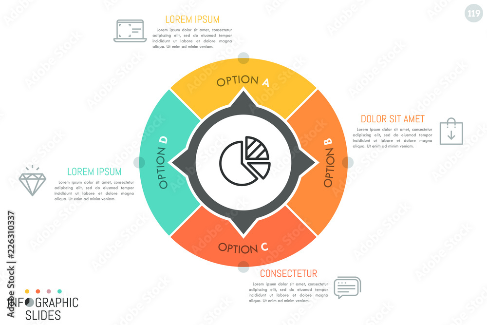 Circular pie chart divided into 4 sectors with arrows pointing at text ...