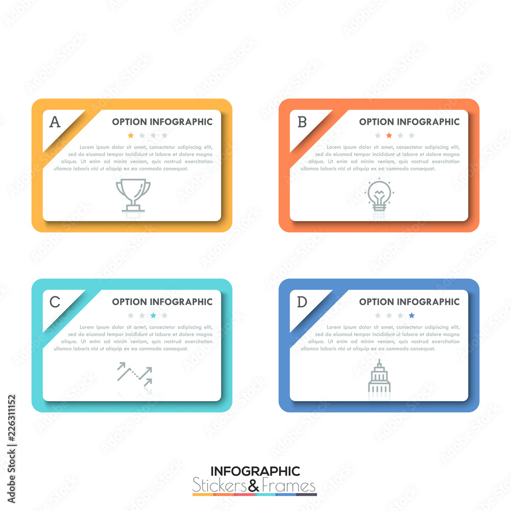 Four multicolored rectangular elements with text boxes, thin line ...