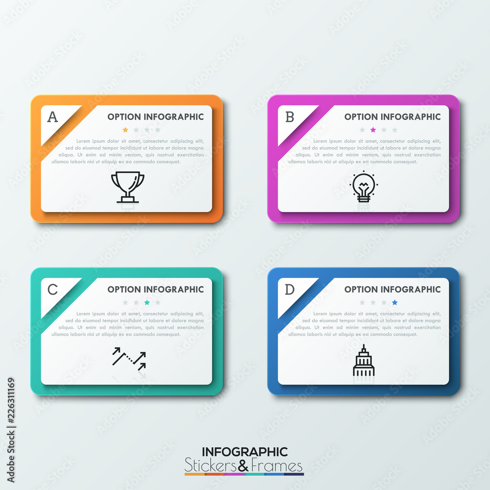 Four rectangles with separated corners, letters, text boxes, thin line ...