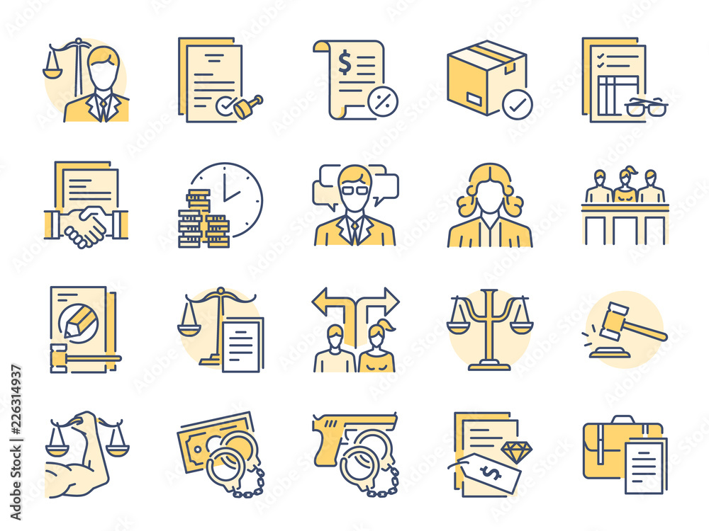 Legal services filled color line icon set. Included icons as law ...
