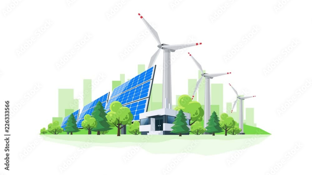 Simple motion loopable 4K flat cartoon animation of wind turbines and ...