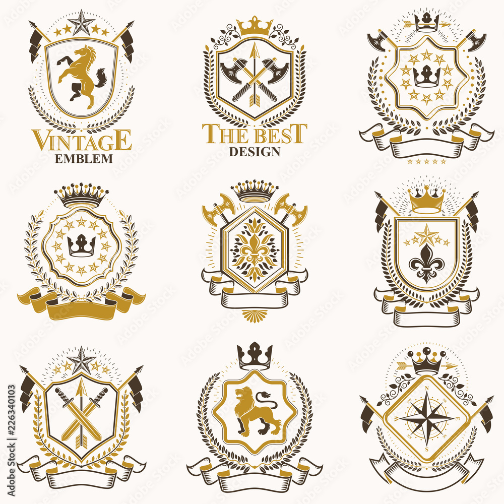 Vector classy heraldic Coat of Arms. Collection of blazons stylized in ...