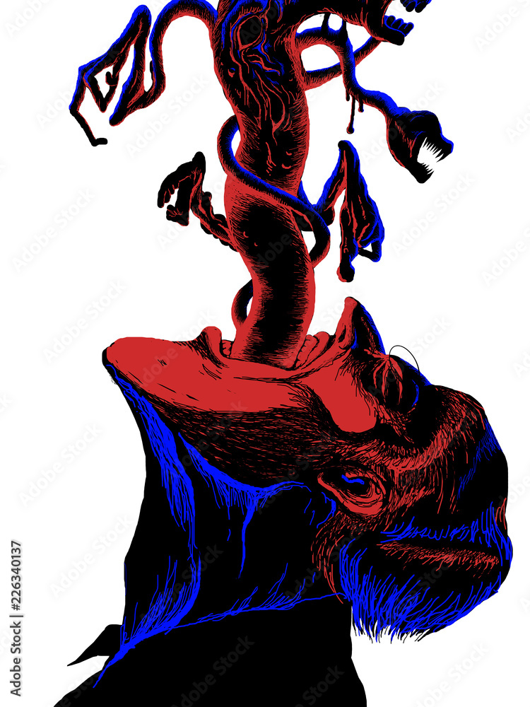 Detailed illustration of a character vomiting parts of a monster Stock ...