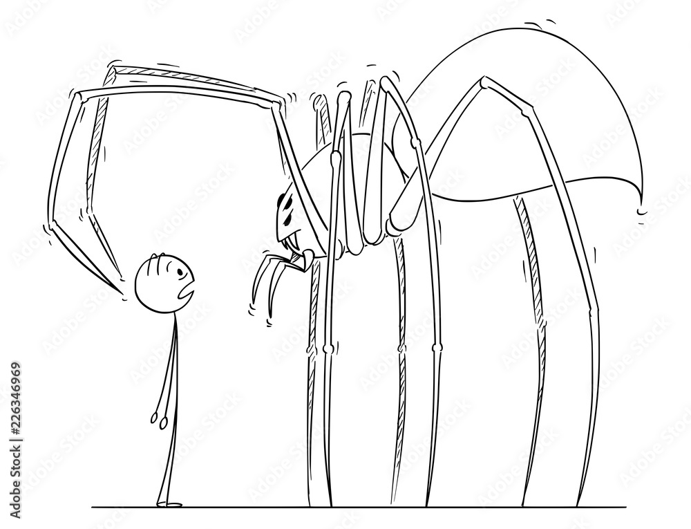 Cartoon stick drawing illustration of man facing giant spider monster ...