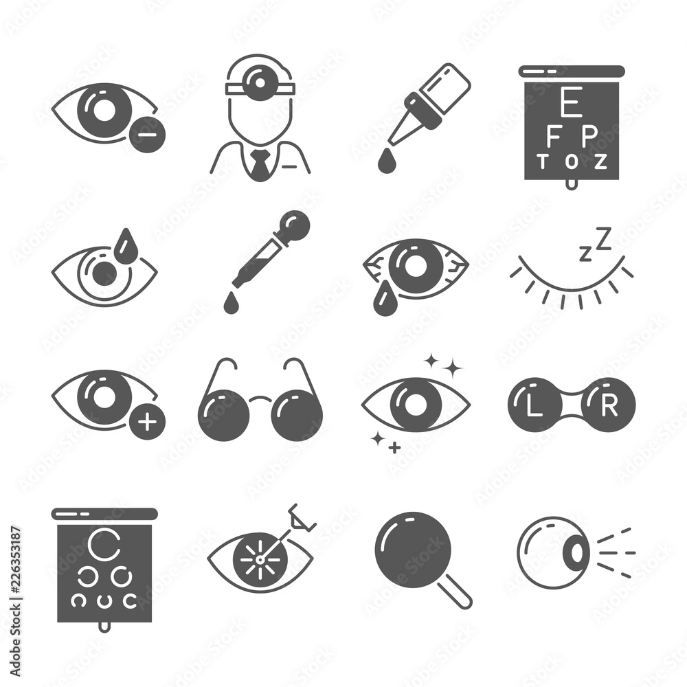 Optometry icons. Eye and glasses, vision and lens, laser surgery signs ...