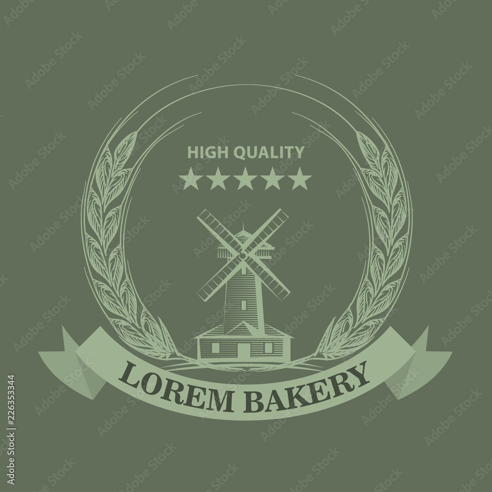 Farm or bakery logo or label with sketch line style mill and wheat ...