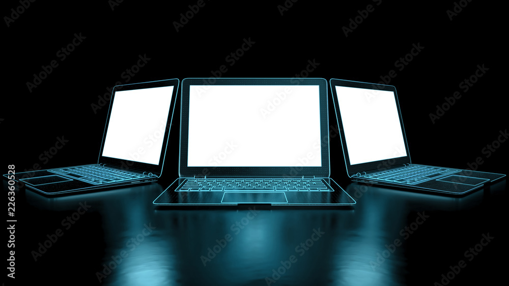 Black laptop with blue neon light on dark background. Notebook with ...