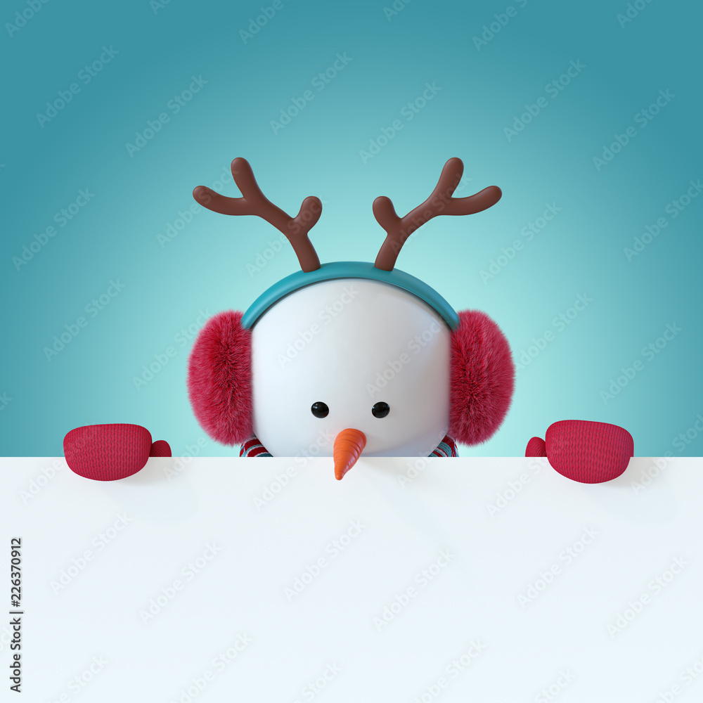 3d render, christmas snowman character, looking down, furry headphones ...
