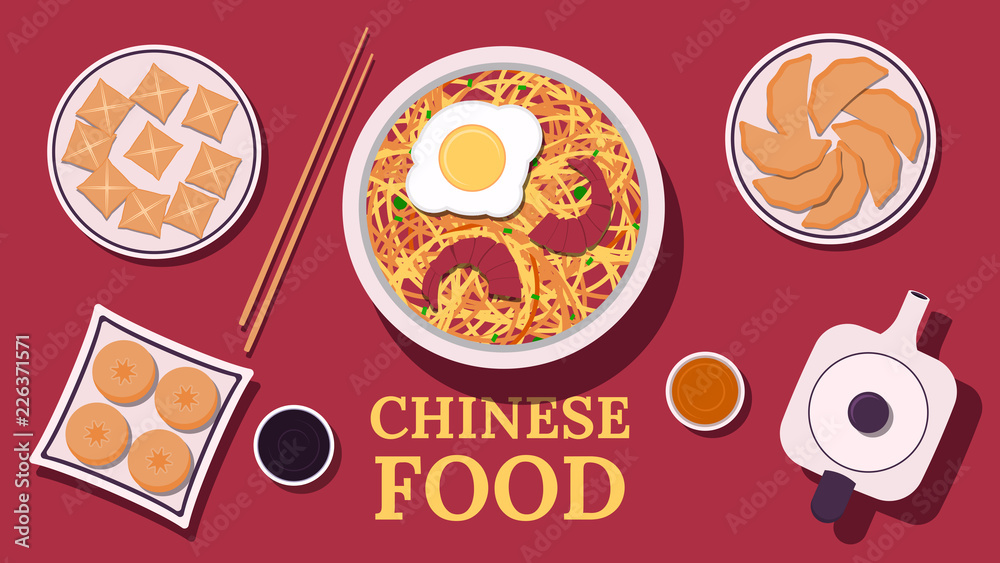 Set of Chinese food. Chinese cuisine dishes. Top view. Banner, flyer or ...