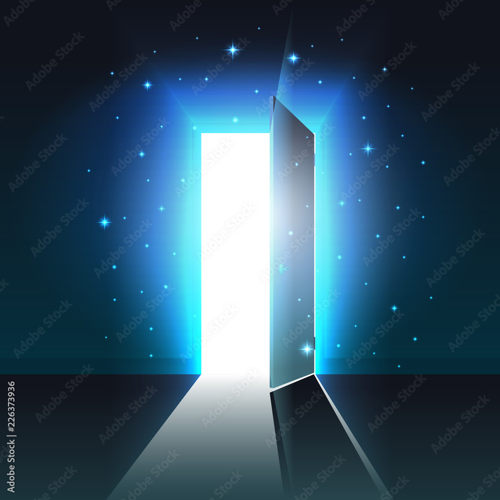 Mystical light from the open door of a dark room, abstract glowing exit ...