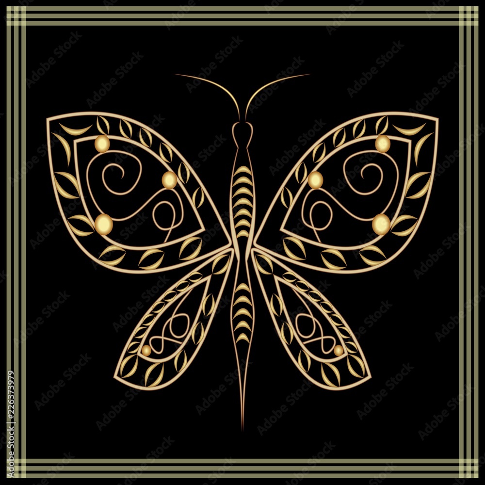 Gold Lace butterfly on black background. Filigree decorative drawing ...