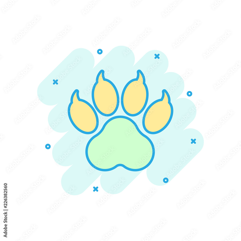 Cartoon colored paw print icon in comic style. Dog, cat, bear paw ...