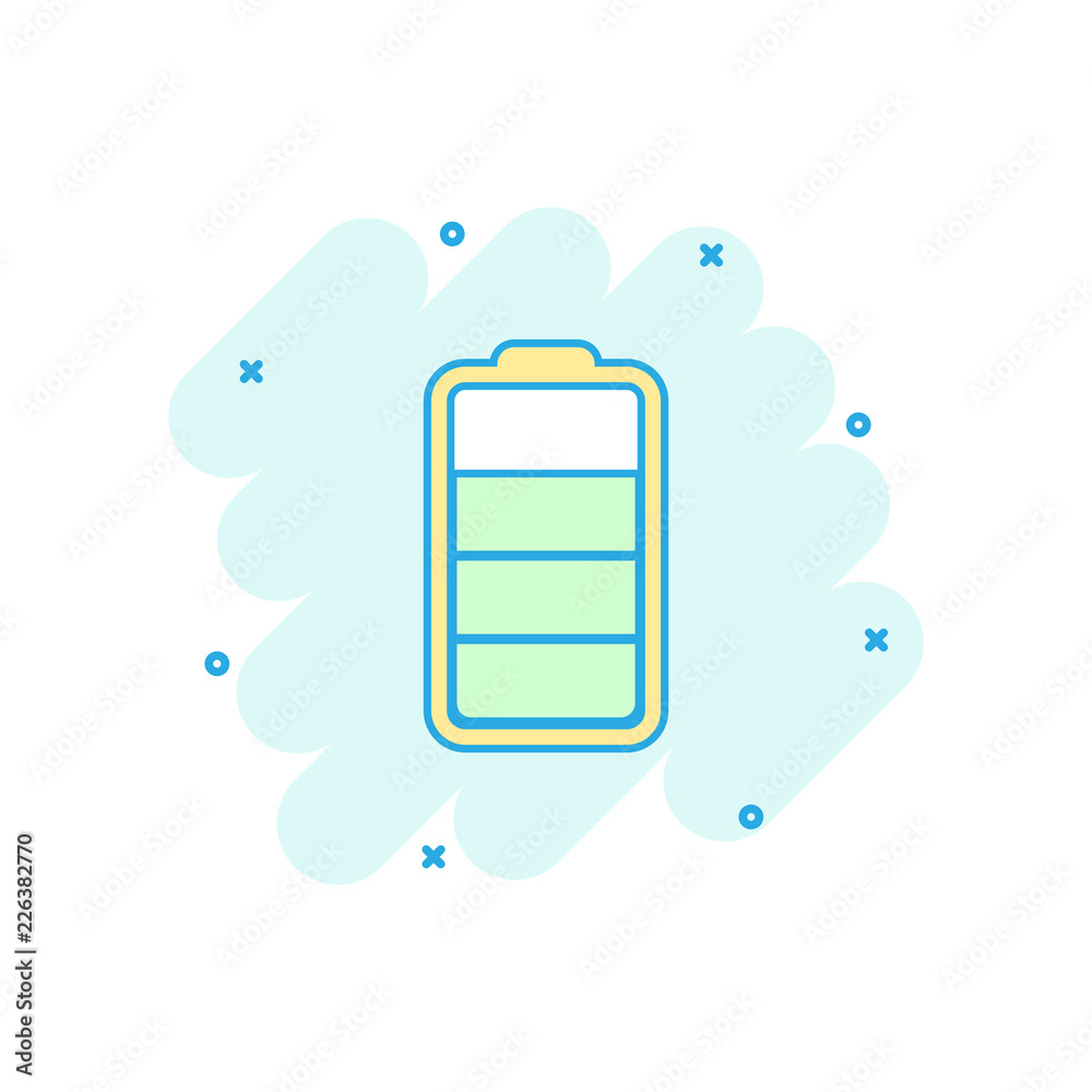 Cartoon colored battery icon in comic style. Battery power illustration ...
