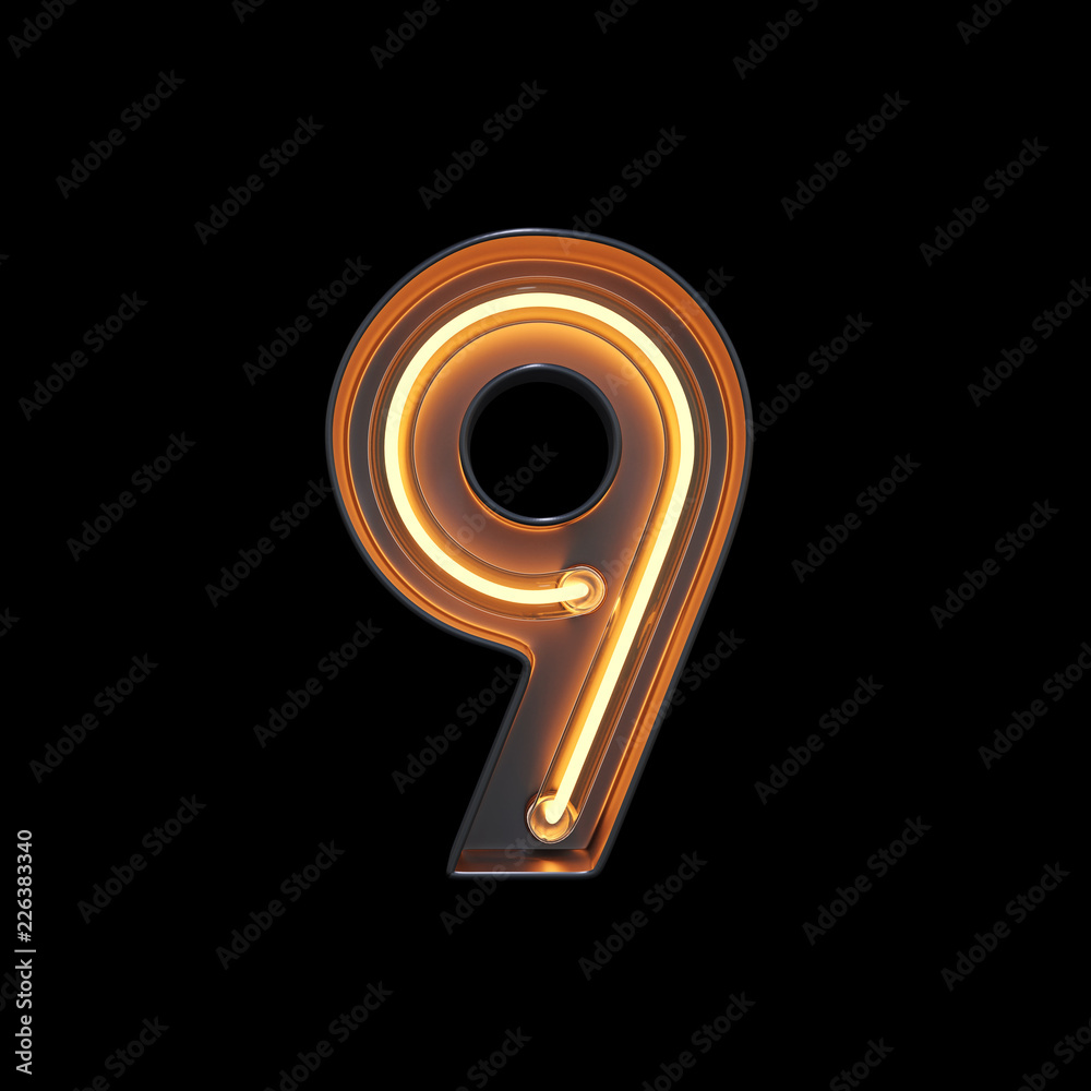 Number 9, Alphabet made from Neon Light with clipping path. 3D ...