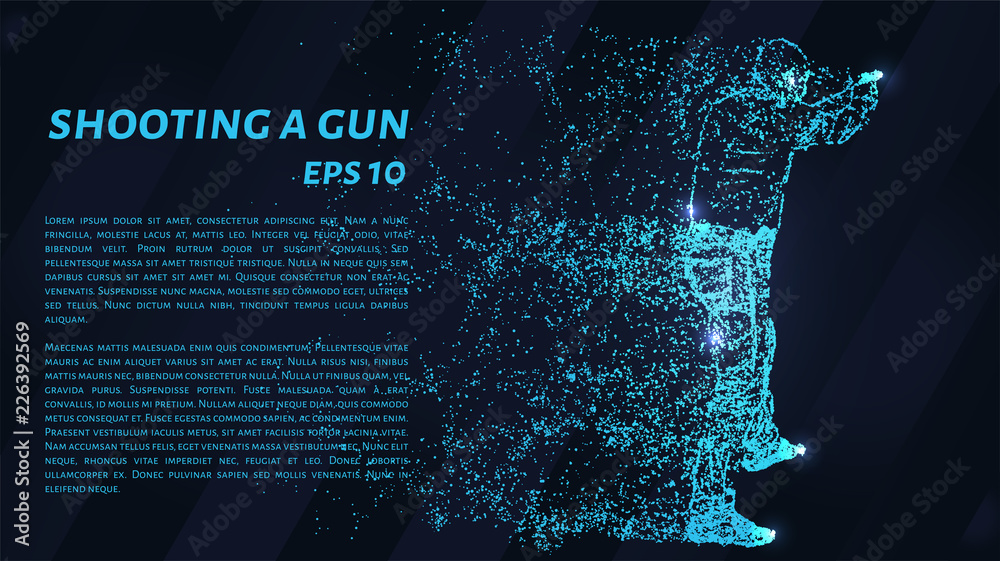 Shooting a gun from the particles. A man fires a gun. Silhouette of ...