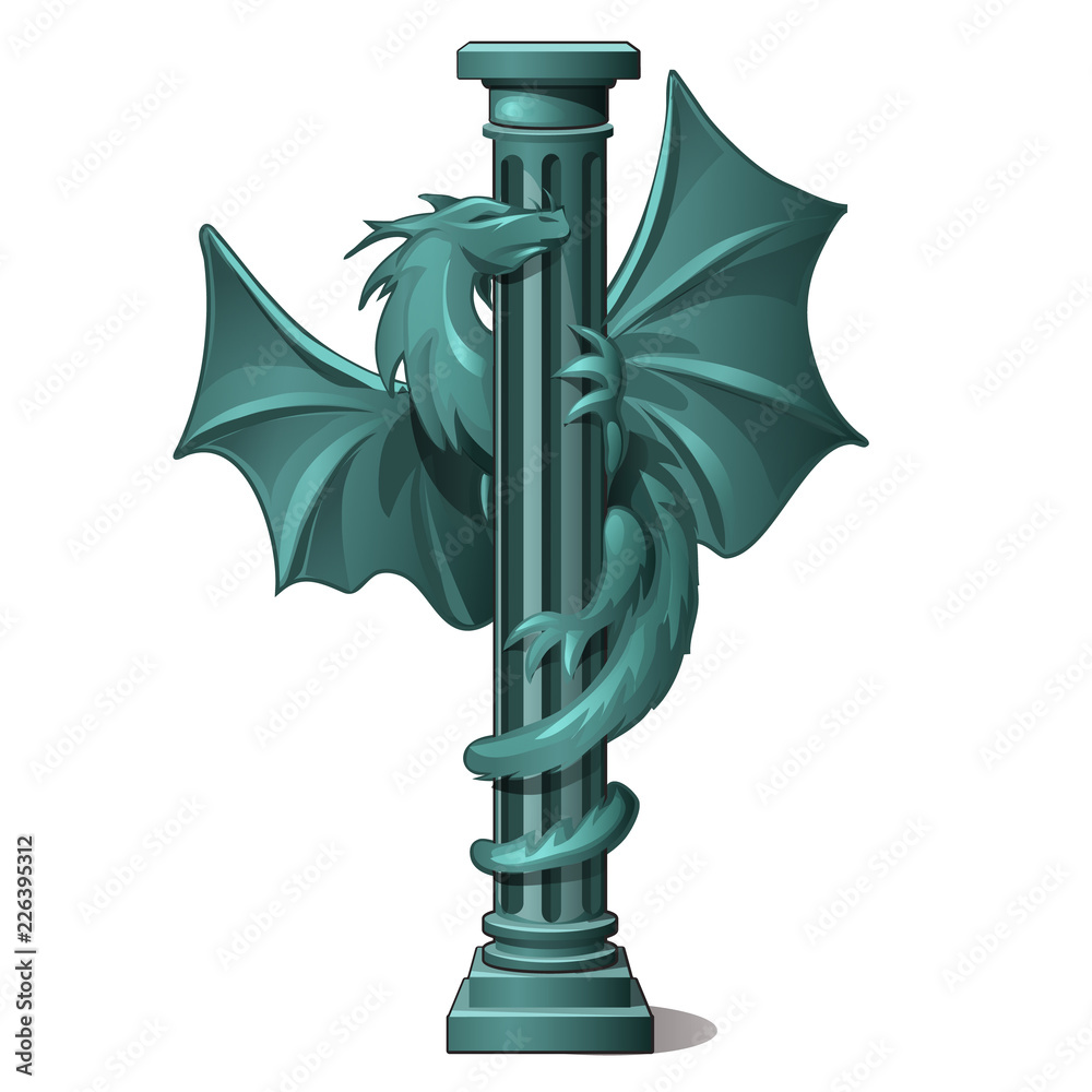 Vintage stone column decorated with the figure of a winged dragon ...