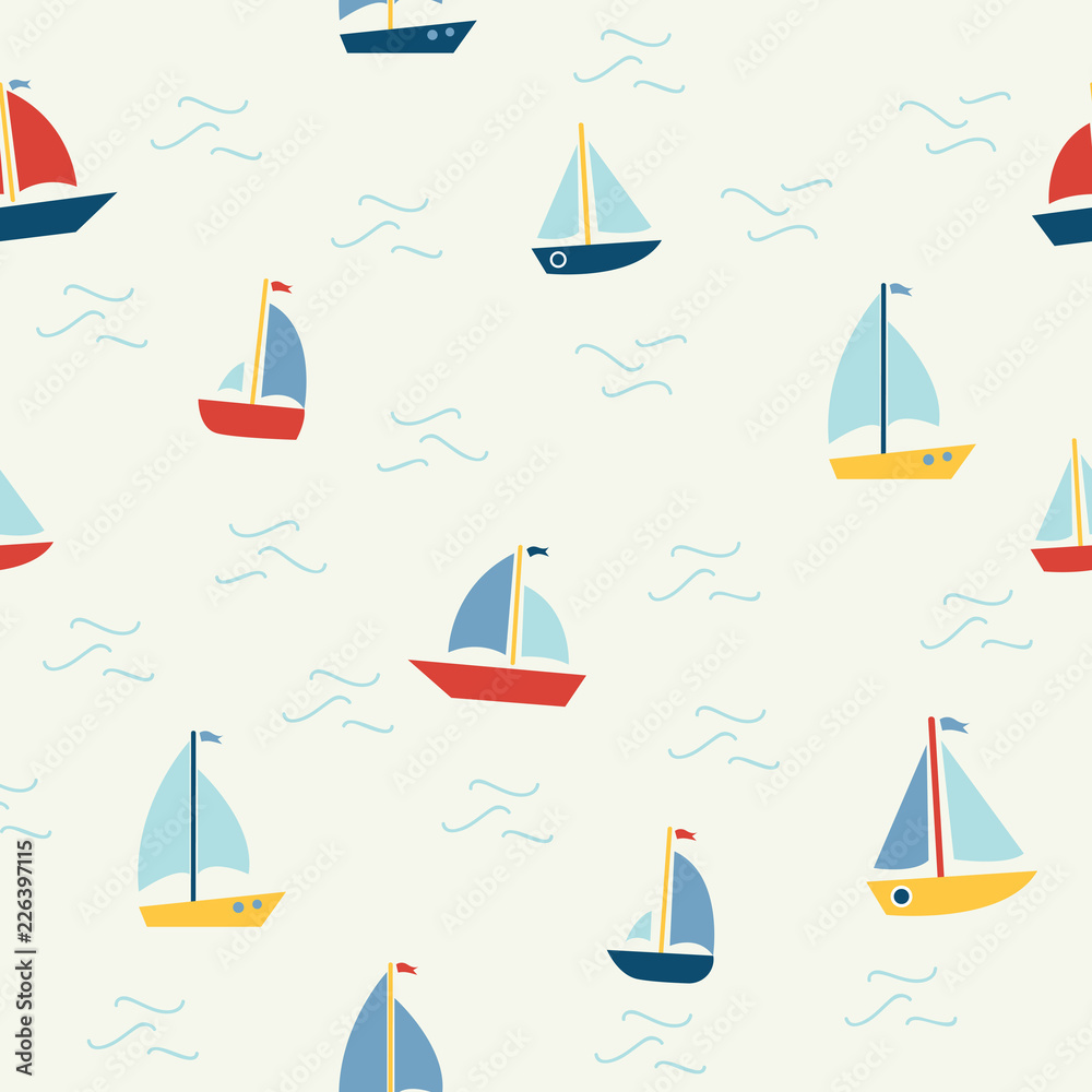 Marine seamless pattern with cartoon boats on white background ...