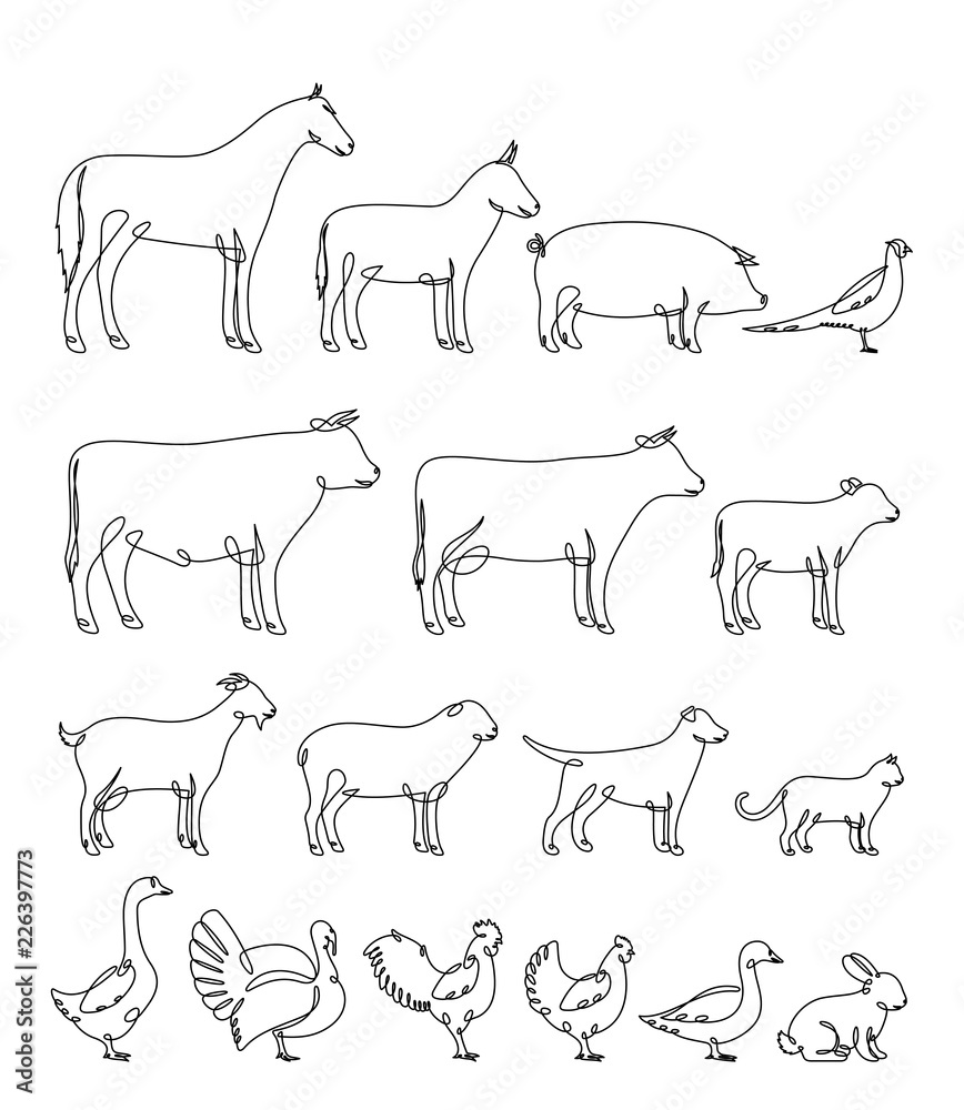 Vector continuous line farm animals silhouettes Stock Vector | Adobe Stock