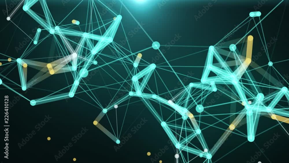 Plexus of abstract neon and gold geometrical lines with moving triangles and dots on a black ...