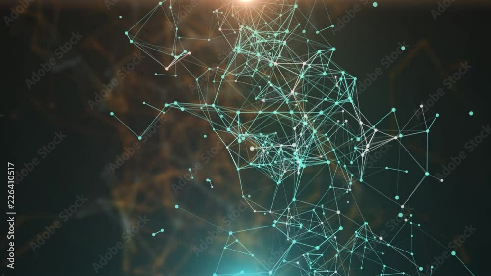 Plexus of abstract orange and neon geometrical lines with moving triangles and dots on a black ...