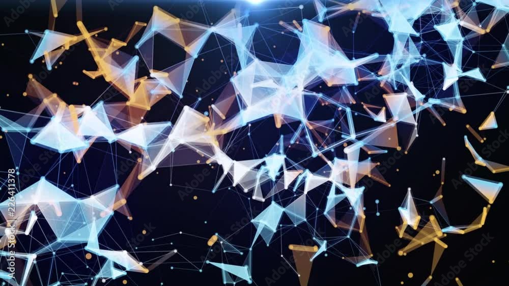 Plexus of abstract blue and orange geometrical lines with moving triangles and dots on a black ...