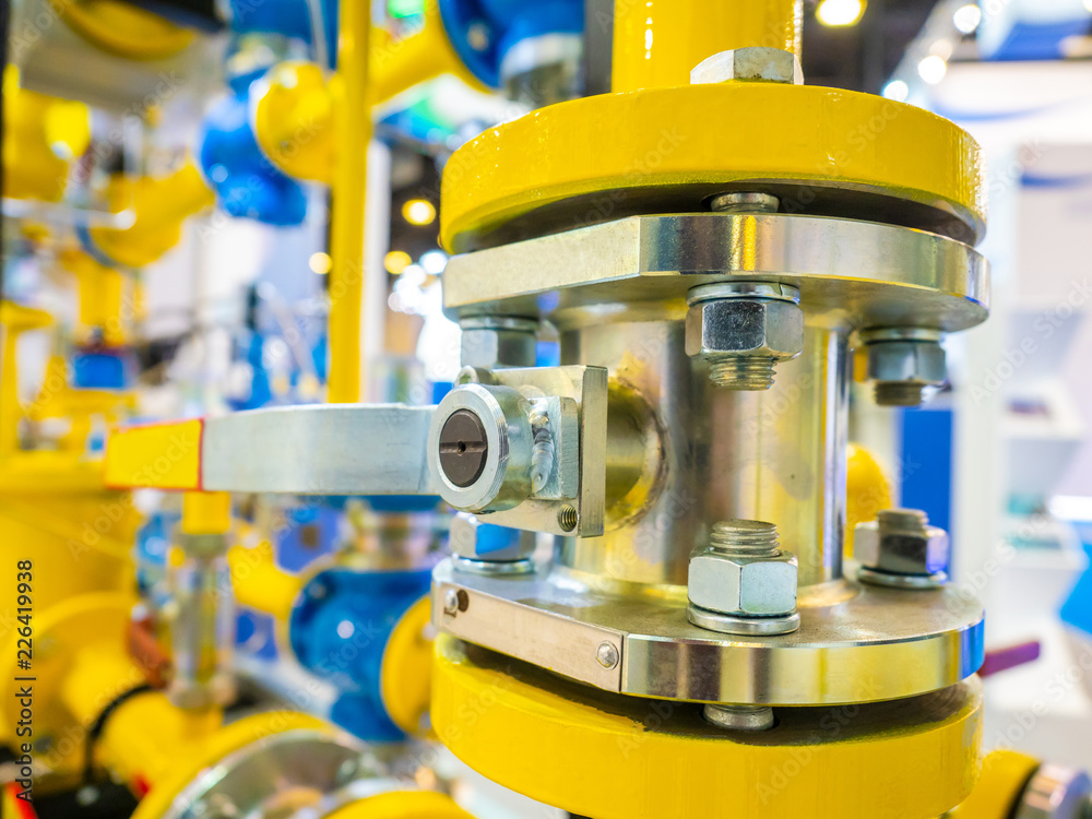 Pipes for gas supply. Natural gas. Yellow tube. Pipe with a plug. Shut ...