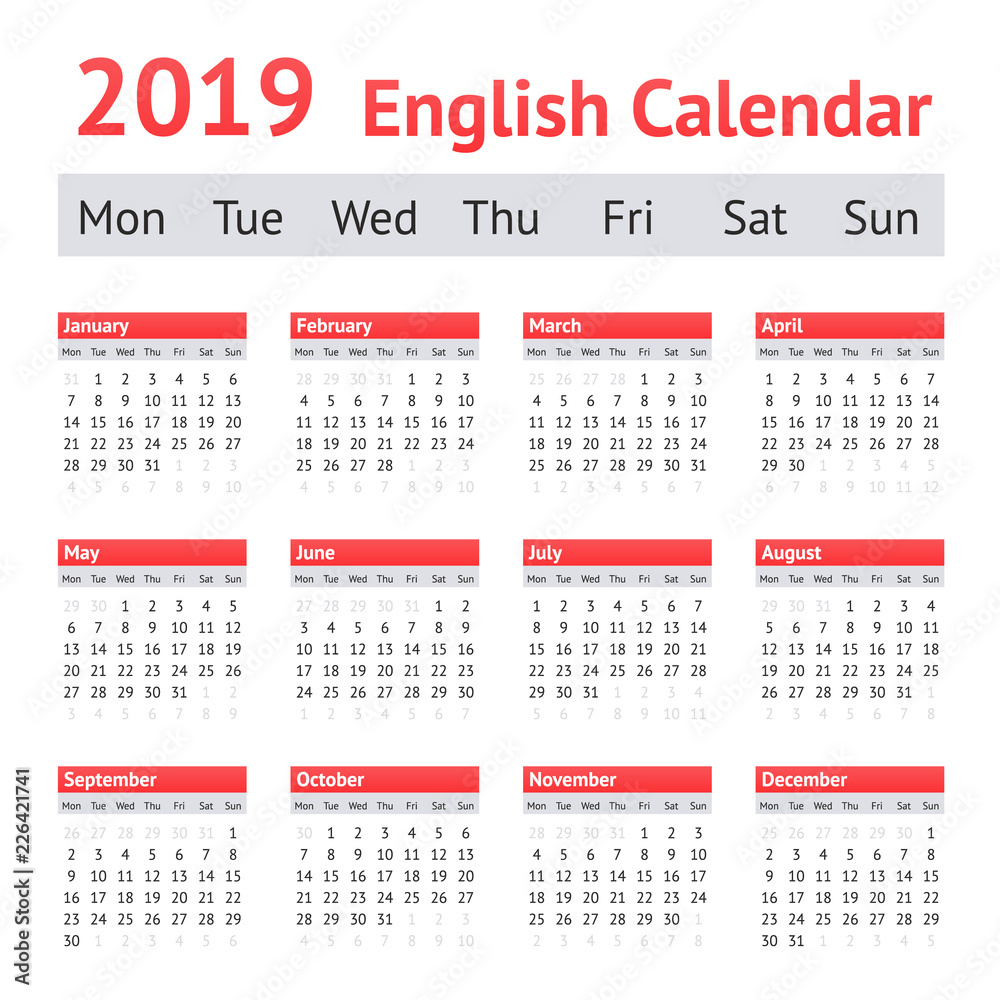 2019 European English Calendar. Week starts on Monday Stock Vector ...