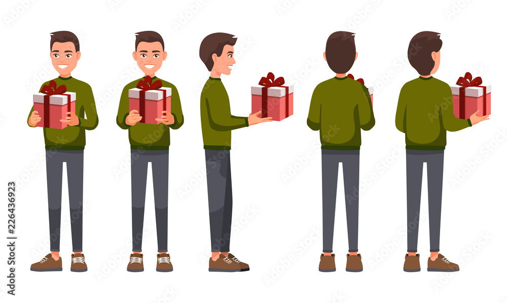 Vector illustration of men with present in hands in casual clothes ...