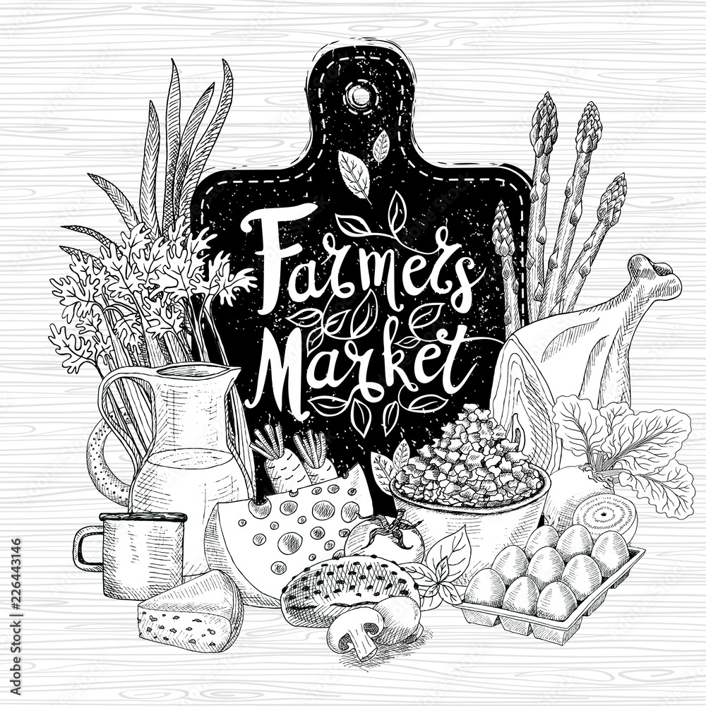 Farmers market logo design healthy food shop. Vegetables, fruits, meat ...