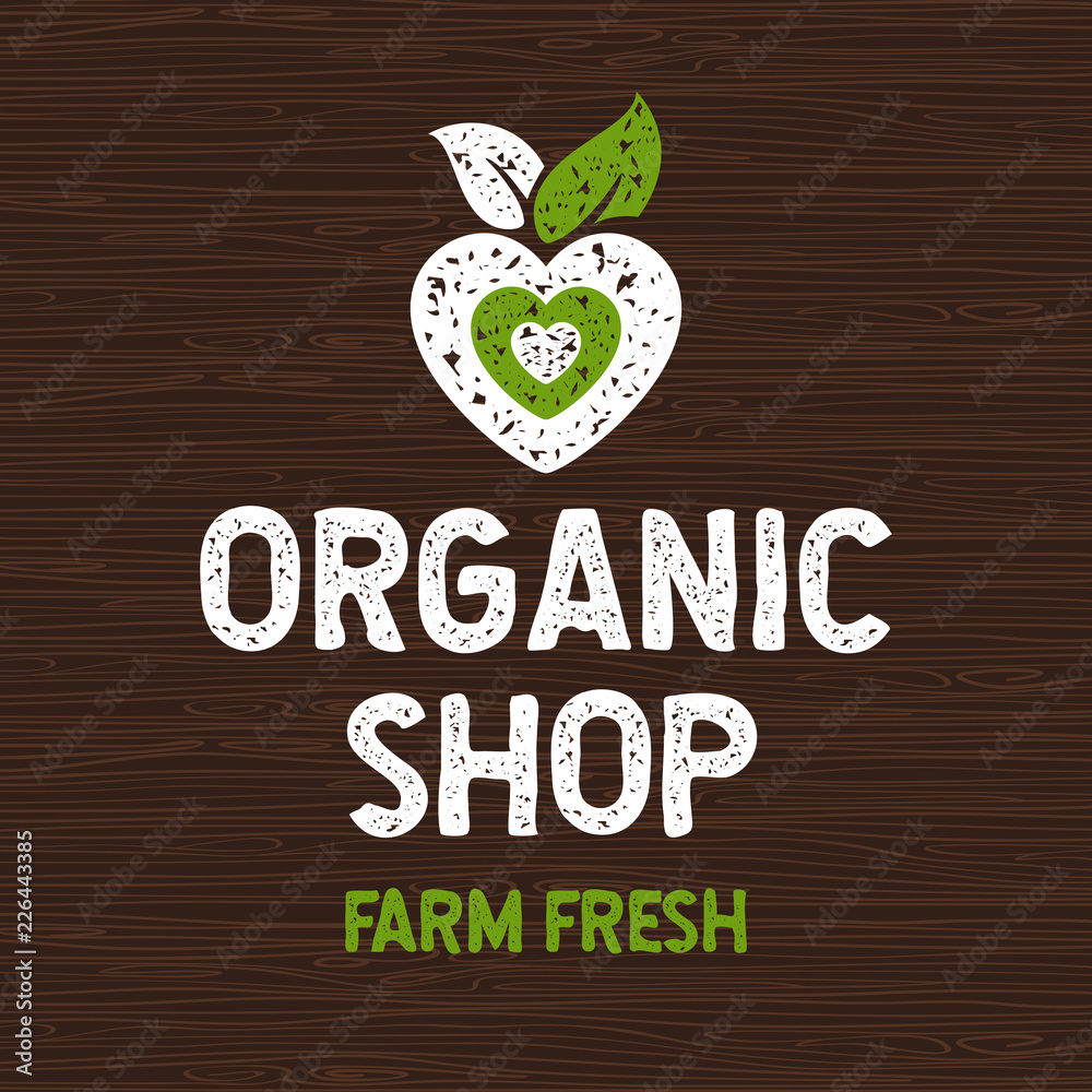Organic shop logo, farm fresh food label, cutting board, rays, wood ...