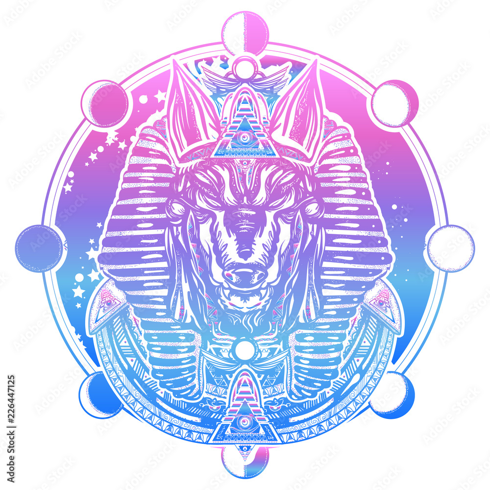 Anubis and moon phase tattoo and t-shirt design. Ancient Egypt Stock ...