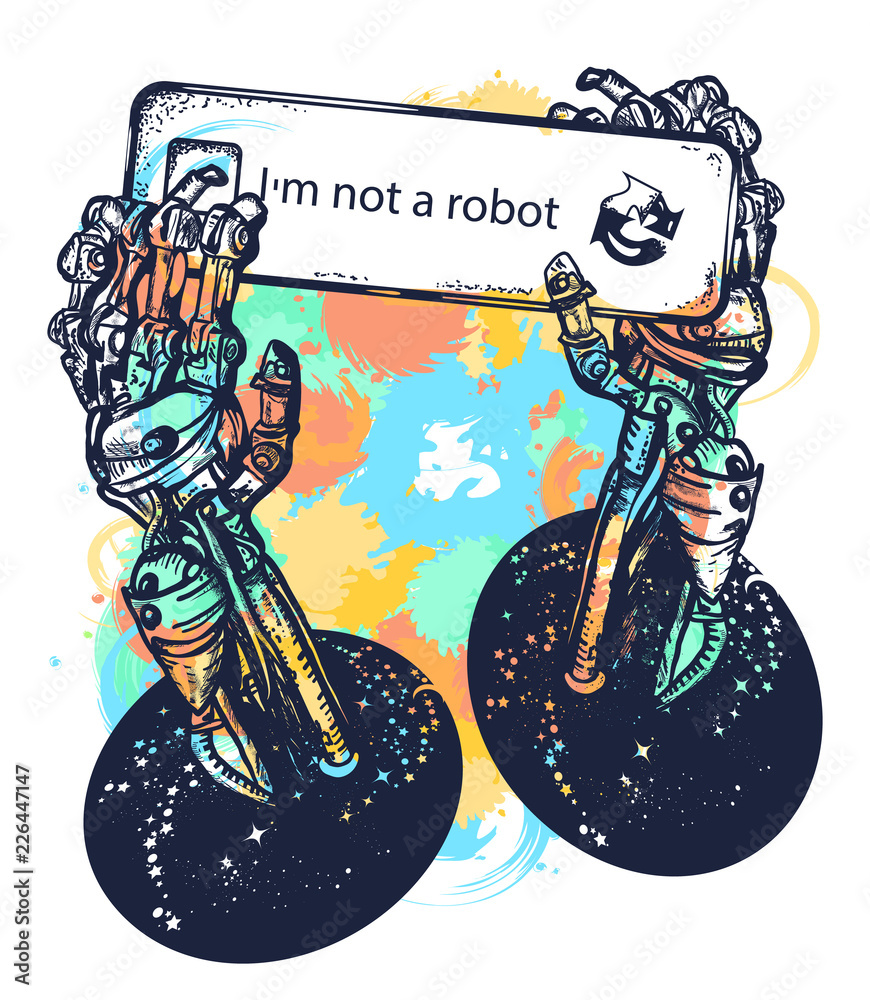 Robot hands tattoo and t-shirt design watercolor splashes style. Robot ...