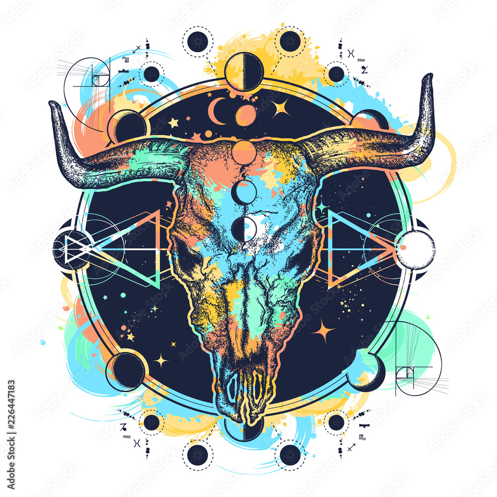 Bison skull tattoo watercolor splashes style. Native American bull ...