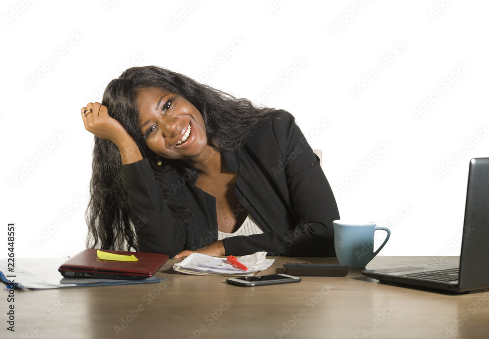 young happy and attractive black afro American business woman working ...