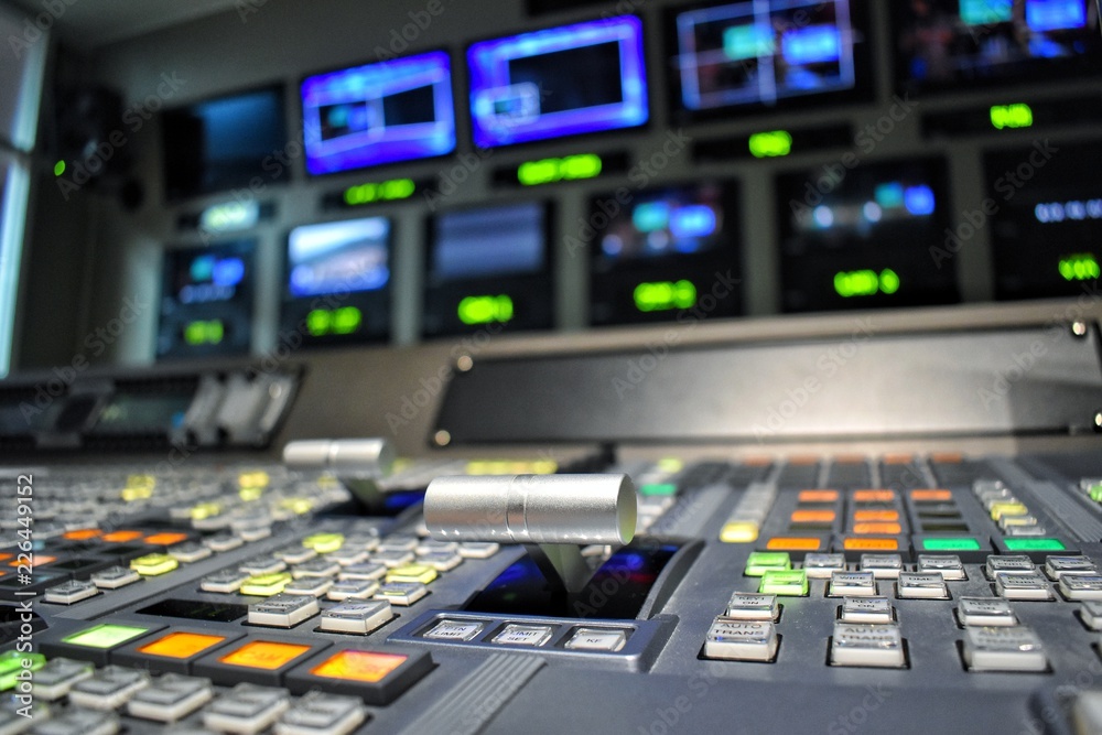 Equipment in control room for television production. Stock Photo ...