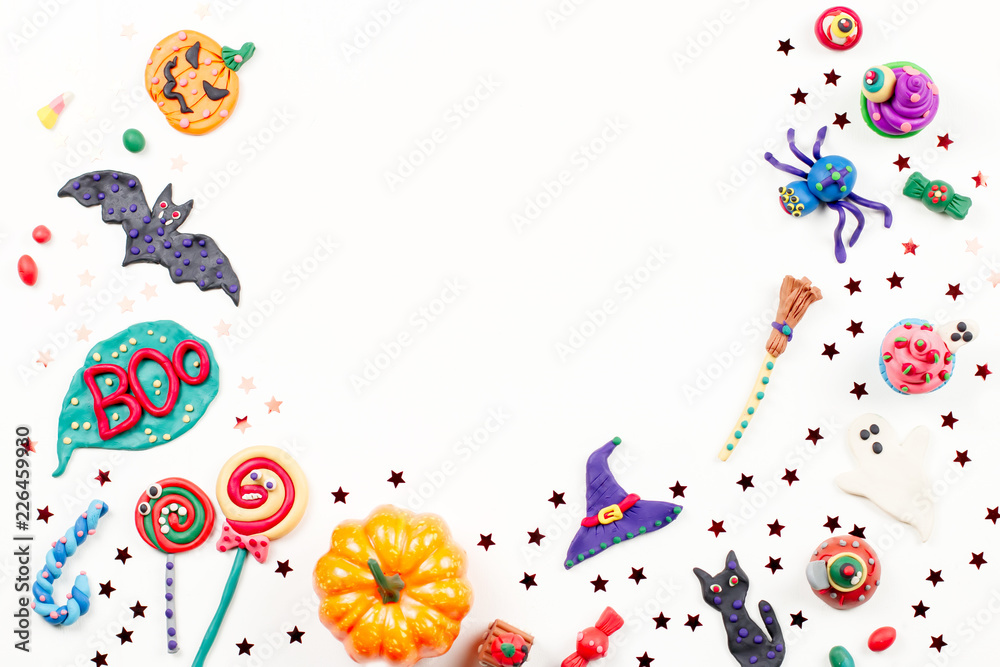 Halloween border with decorations. Black cat, bats, witches hat and ...