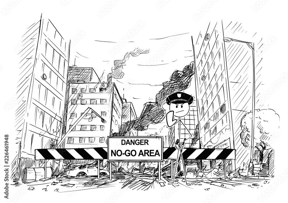 Pen and ink sketchy hand drawing of modern city street destroyed by ...