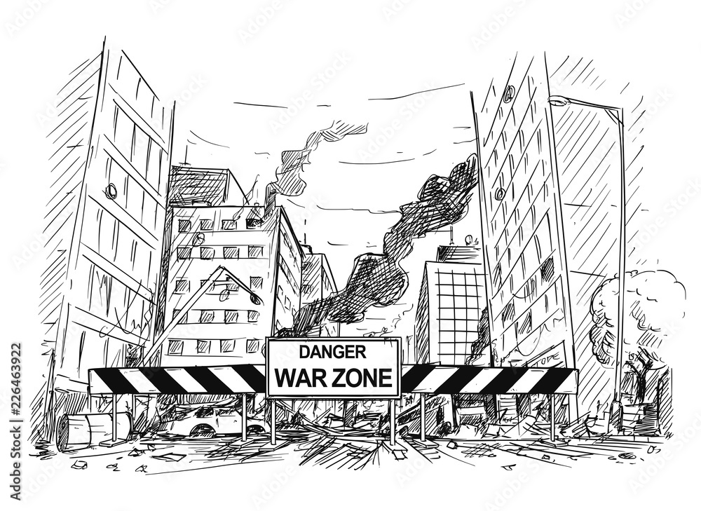 Pen and ink sketchy hand drawing of modern city street destroyed by war ...