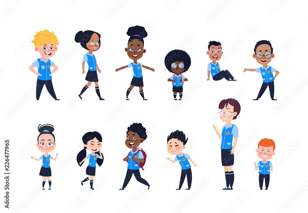 School kids. Cartoon happy children in uniform. Girls and boys pupils ...