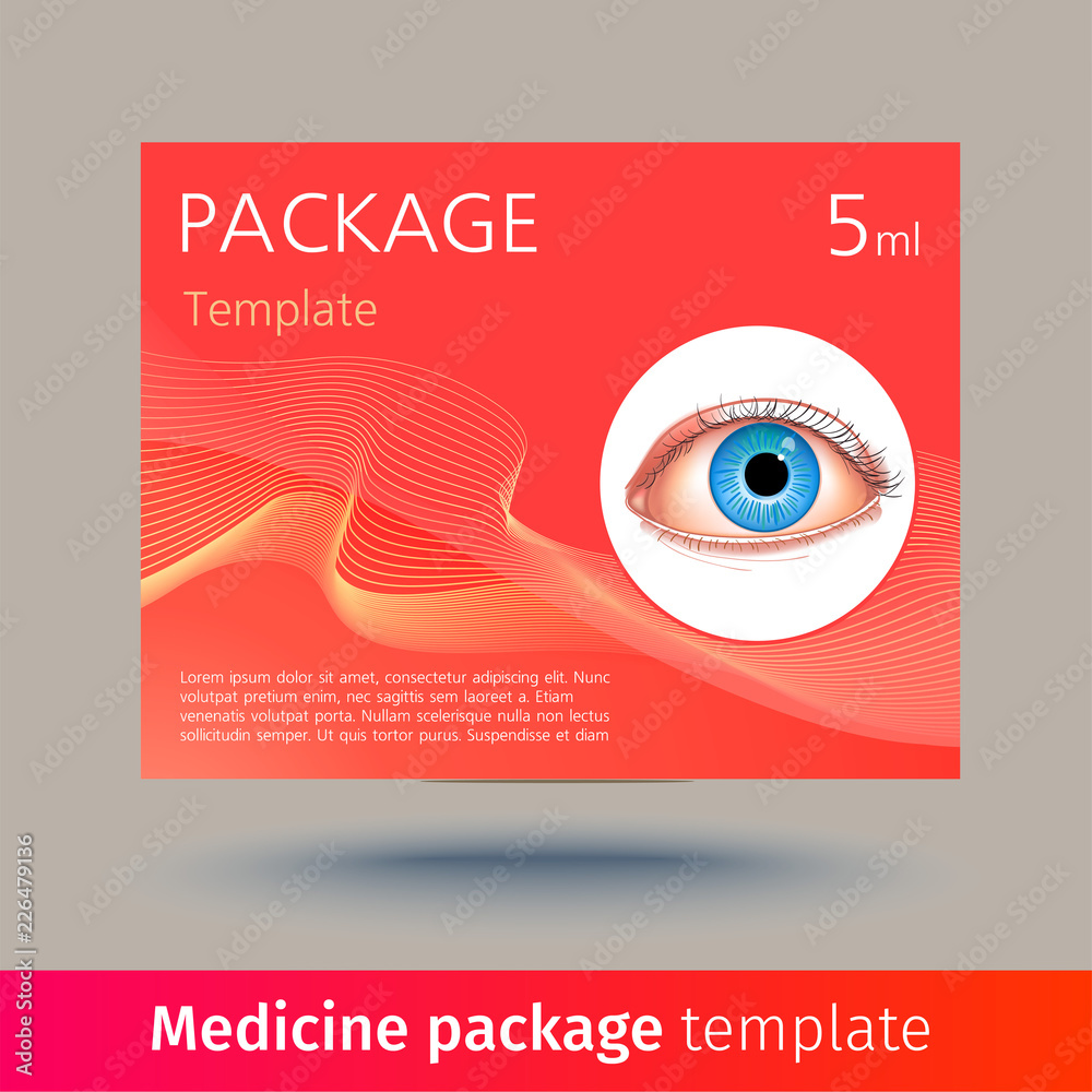 Vector medicine package template with realistic eye. Box with medical ...