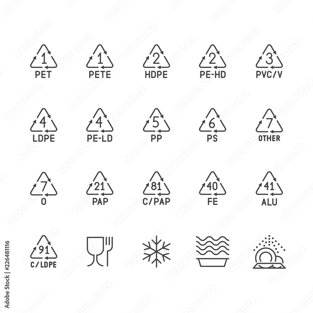 Plastic packaging line icons. Waste recycling symbols polyethylene, pvc ...