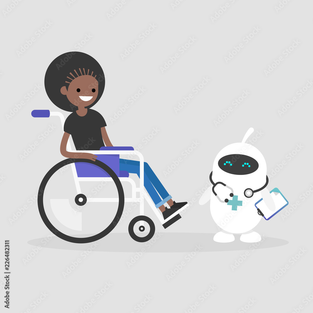 Modern health care. New technologies. Young disabled character sitting ...