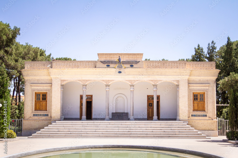 Fire temple in Yazd, Iran, seen from its exterior park. A fire temple ...