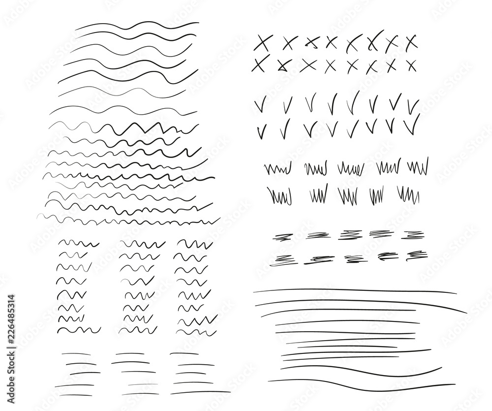 Different random drawn lines. Vector wavy doodles, elements of hatching ...
