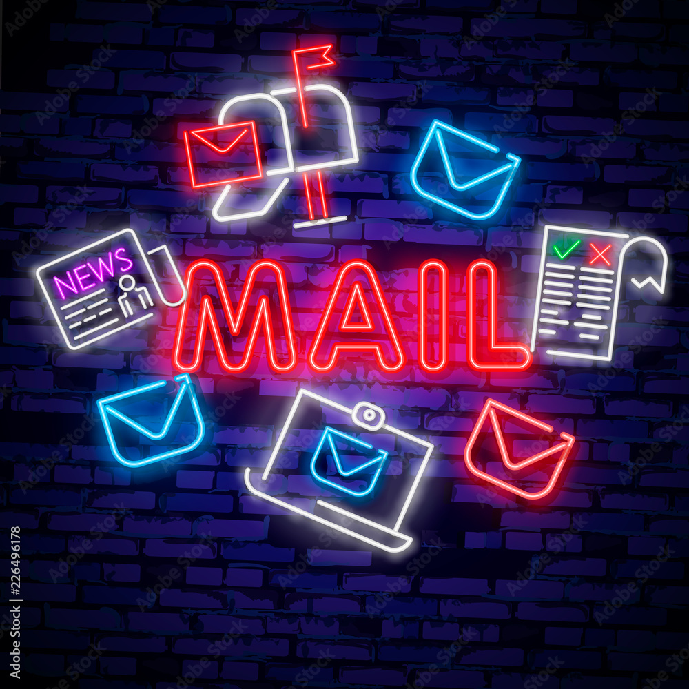 Neon light. Mail delivery icon. Envelope symbol. Message sign. Mail ...