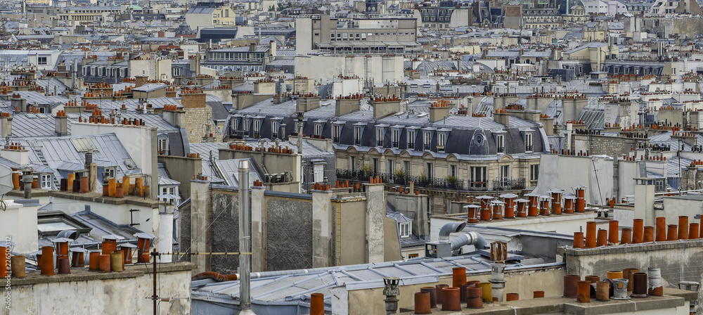 Poster The roofs of Paris and its chimneys under a clouds sky – Wall ...