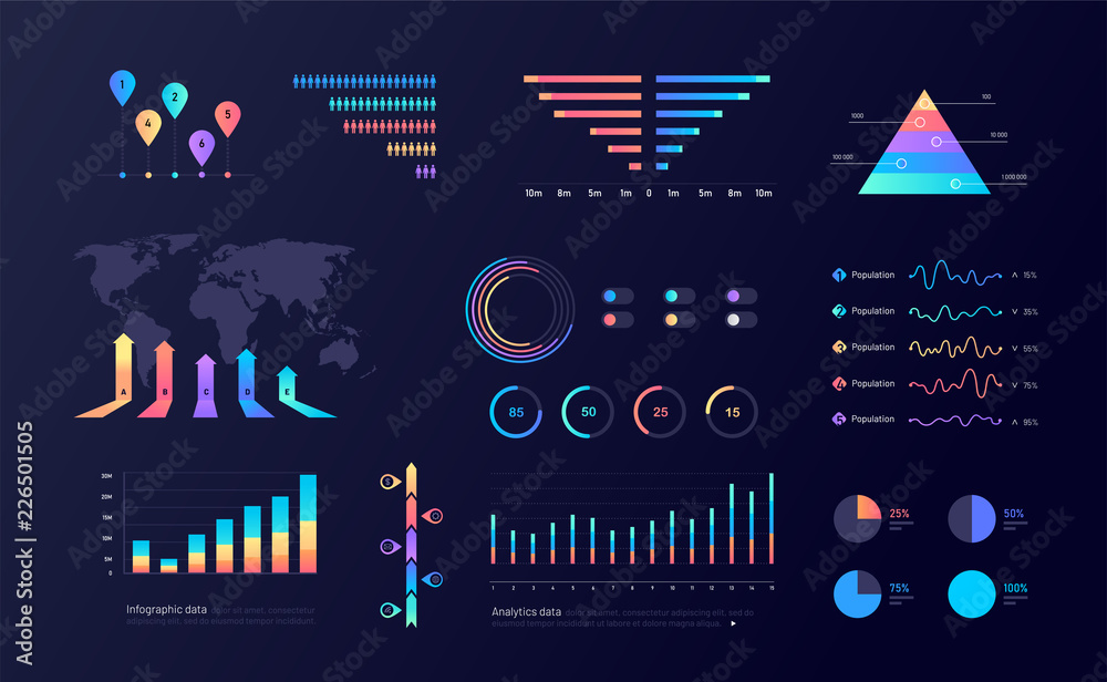 Infographic set diagrams and graphics for work and business. Dark ...